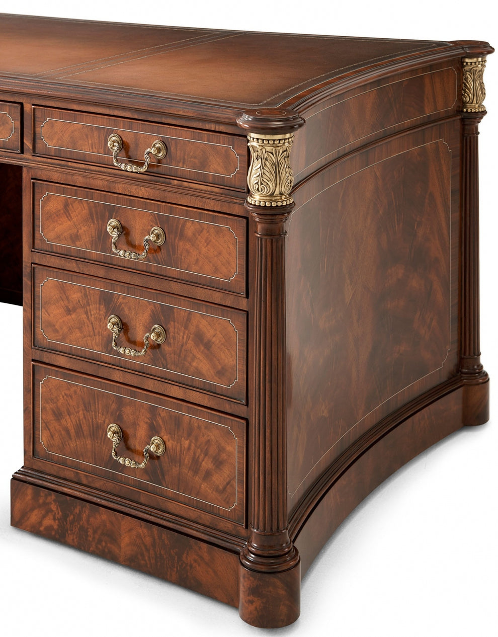 Flame mahogany and crossbanded pedestal desk – Brights of Nettlebed